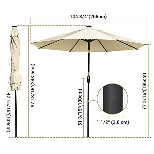 YesHom 9' Outdoor Solar Powered LED Umbrella 8 Ribs w/ 32 Lights Patio Garden Market Umbrella Tilt and Crank UV30 Beige