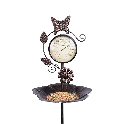 Outdoor Thermometer Decorative Butterfly Garden Stakes with Metal Bird Feeder for Lawn Yard Patio Decorations