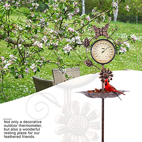 Outdoor Thermometer Decorative Butterfly Garden Stakes with Metal Bird Feeder for Lawn Yard Patio Decorations