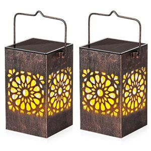 solar lanterns outdoor, 2 pack metal garden decor patio decor led hanging solar lights table lamp for patio, yard, walkway, pathway