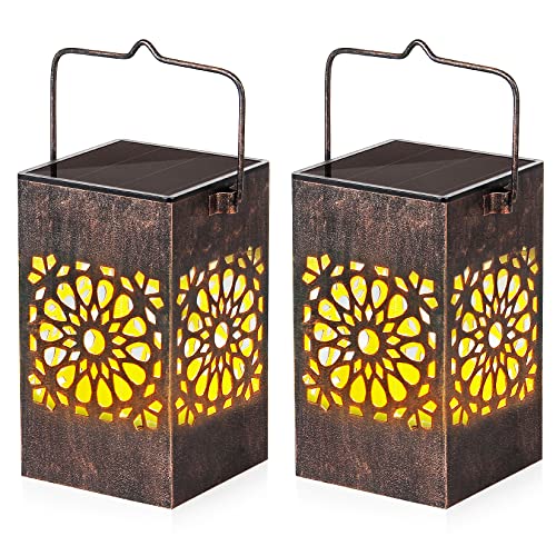 Solar Lanterns Outdoor, 2 Pack Metal Garden Decor Patio Decor LED Hanging Solar Lights Table Lamp for Patio, Yard, Walkway, Pathway