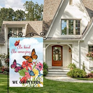 MEFENG Be Kind Be Amazing Be Grateful Garden Flag - Seasonal Summer Spring Welcome Garden Banner - Butterfly Flower Lawn Sign Yard Flag - Durable & Fade Resistant -Double Sided 12 x 18 Inch