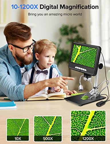 2K LCD Digital Microscope 1200X, Dcorn 7" 24MP HDMI Microscope, Soldering Coin Microscope with Lights, Extension Tube & 32GB Card Included, Coin Magnifier with Light