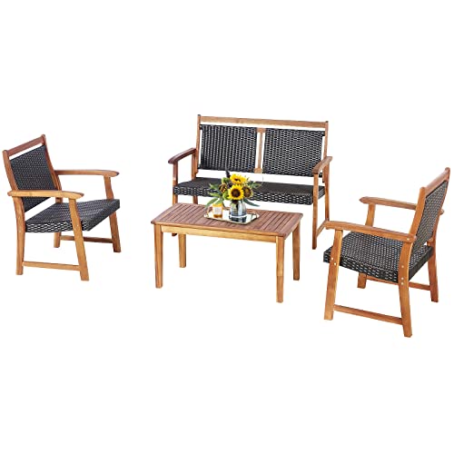 Tangkula 4 Pieces Patio Rattan Conversation Set with Acacia Wood Frame, Patiojoy Outdoor Furniture Set with Chairs & Coffee Table, Sectional Furniture Set for Garden, Backyard, Poolside