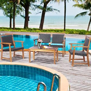 Tangkula 4 Pieces Patio Rattan Conversation Set with Acacia Wood Frame, Patiojoy Outdoor Furniture Set with Chairs & Coffee Table, Sectional Furniture Set for Garden, Backyard, Poolside