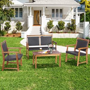 Tangkula 4 Pieces Patio Rattan Conversation Set with Acacia Wood Frame, Patiojoy Outdoor Furniture Set with Chairs & Coffee Table, Sectional Furniture Set for Garden, Backyard, Poolside