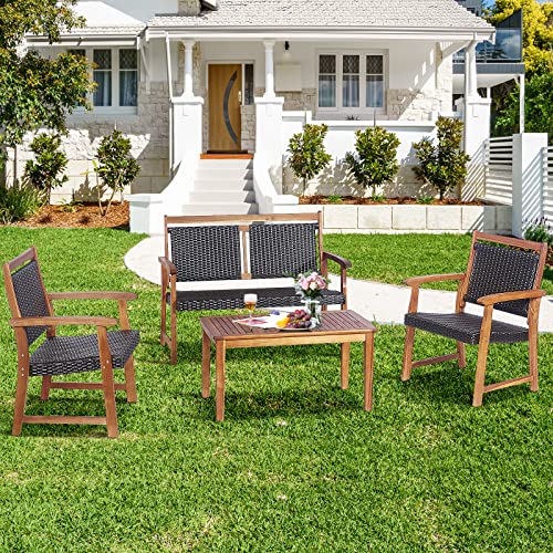 Tangkula 4 Pieces Patio Rattan Conversation Set with Acacia Wood Frame, Patiojoy Outdoor Furniture Set with Chairs & Coffee Table, Sectional Furniture Set for Garden, Backyard, Poolside