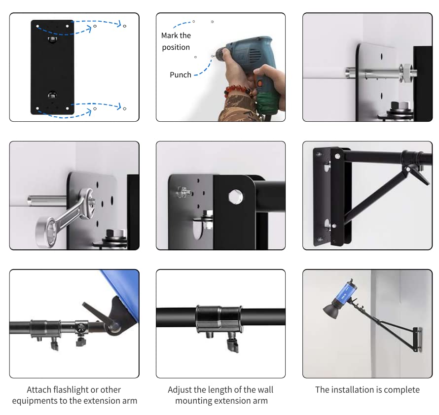 Selens Wall Mount Triangle Boom Arm-Max Length 5.9 Feet/180cm , 180° Flexible Rotation Camera Wall Mount for Photography Strobe Light, Ring Light, Umbrella Softbox, Reflector (Black)