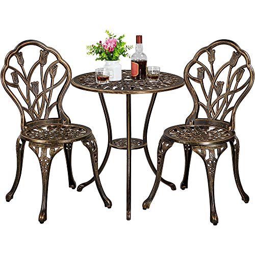 Yaheetech Patio Bistro Sets 3 Piece, Outdoor Rust-Resistant Cast Aluminum Garden Table and Chairs, Bronze