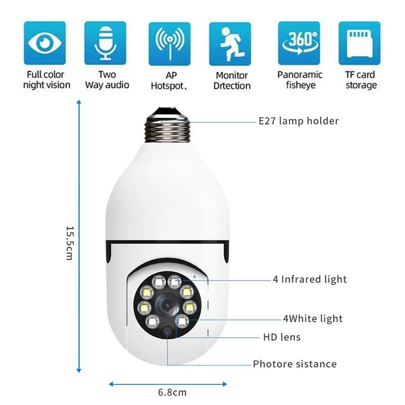 2022 New Light Bulb Camera, Wireless WiFi Full HD 5MP Security Light Bulb Camera, 360 Panoramic IP Camera, 1080P 2.4GHz Indoor Outdoor WiFi Camera with Real-time Motion Detection, Alerts, Night Vision