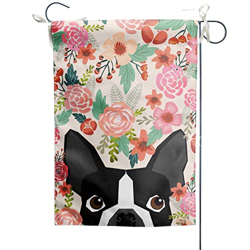 Boston Terrier Garden Flag Small - Flower Dog House Flag Welcome Holiday Yard Flag Spring Garden Decor Dogs Flag Banner Double Sided Outdoor Flags 12x18