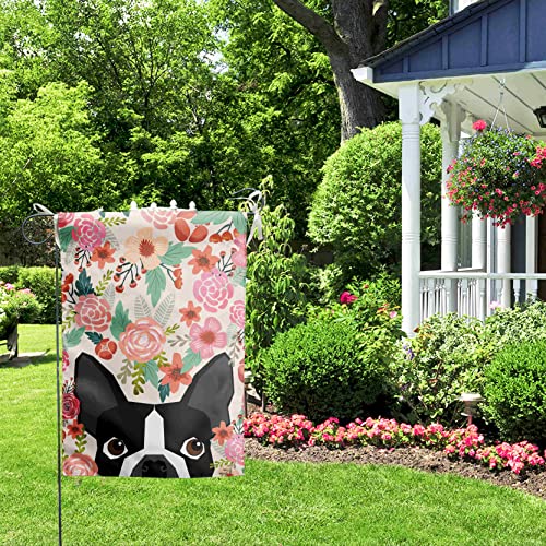 Boston Terrier Garden Flag Small - Flower Dog House Flag Welcome Holiday Yard Flag Spring Garden Decor Dogs Flag Banner Double Sided Outdoor Flags 12x18