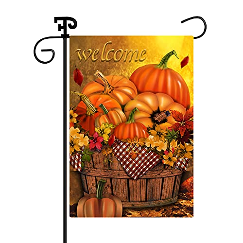 Fall Welcome Thanksgiving Pumpkin Small Garden Flag for Outside 12x18 Inch Vertical Double Sided Leaves Flowers Autumn Burlap Yard Decoration