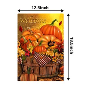 Fall Welcome Thanksgiving Pumpkin Small Garden Flag for Outside 12x18 Inch Vertical Double Sided Leaves Flowers Autumn Burlap Yard Decoration