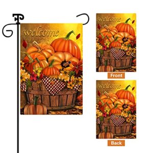 Fall Welcome Thanksgiving Pumpkin Small Garden Flag for Outside 12x18 Inch Vertical Double Sided Leaves Flowers Autumn Burlap Yard Decoration