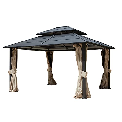 MELLCOM 12' x 14' Hardtop Gazebo, Iron Double Roof Gazebo with Curtains and Netting, Waterproof Canopy Gazebo with Anti-Rust Coating Frame for Patios, Gardens, Lawns, and Backyard