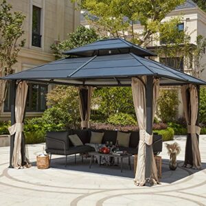 MELLCOM 12' x 14' Hardtop Gazebo, Iron Double Roof Gazebo with Curtains and Netting, Waterproof Canopy Gazebo with Anti-Rust Coating Frame for Patios, Gardens, Lawns, and Backyard