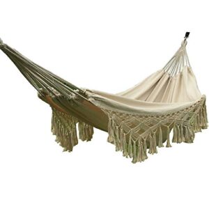 handmade cotton woven balcony hammock hanging rope chair porch swing with crochet fringe for backyard patio garden outdoor and indoor boho style natural white