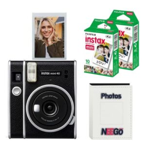 fujifilm instax mini 40 instant camera black with fujifilm twin pack instax mini film (20 sheets) and neego instax photo album