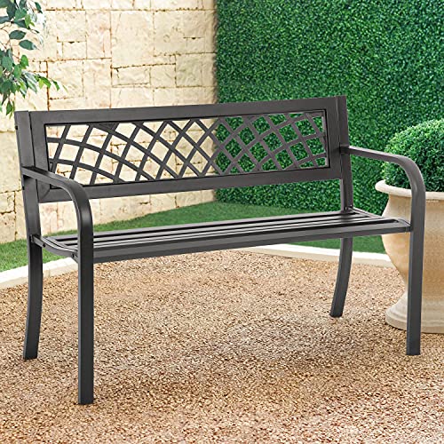 Garden Bench,Outdoor Benches,Iron Steel Frame Patio Bench with Mesh Pattern and Plastic Backrest Armrests for Lawn Yard Porch Work Entryway,Black