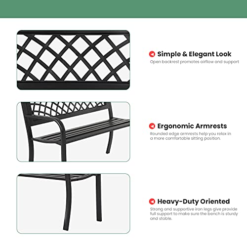 Garden Bench,Outdoor Benches,Iron Steel Frame Patio Bench with Mesh Pattern and Plastic Backrest Armrests for Lawn Yard Porch Work Entryway,Black