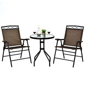 giantex patio dining set round glass table with 2 patio folding chairs, outdoor table and chairs for garden, pool, backyard, tempered glass tabletop with umbrella hole (brown)