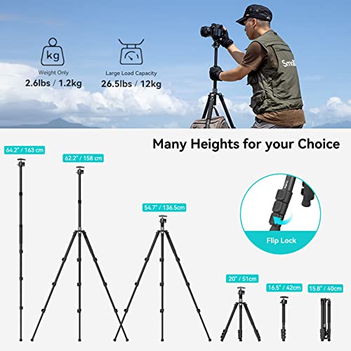 SmallRig 62.2" Carbon Fiber Tripod with Center Column, Travel Lightweight Tripods & Detachable Monopod, 360° Ball Head, Quick Release Plate, Load up to 26.5 lbs/12 kg-4059