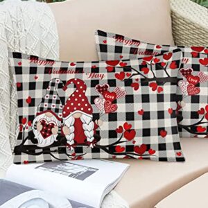 LEOSUCRE Pack of 2 Waterproof Decorative Pillow Covers, Valentines Day Plaid Throw Pillow Covers Rectangle Pillowcases Cushion Covers for Couch Patio Garden 20x12 Inch Love Gnome Tree Black and White