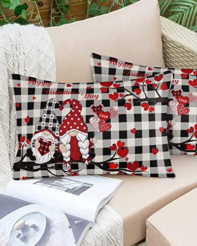 LEOSUCRE Pack of 2 Waterproof Decorative Pillow Covers, Valentines Day Plaid Throw Pillow Covers Rectangle Pillowcases Cushion Covers for Couch Patio Garden 20x12 Inch Love Gnome Tree Black and White