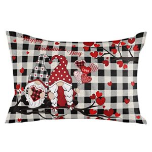 LEOSUCRE Pack of 2 Waterproof Decorative Pillow Covers, Valentines Day Plaid Throw Pillow Covers Rectangle Pillowcases Cushion Covers for Couch Patio Garden 20x12 Inch Love Gnome Tree Black and White