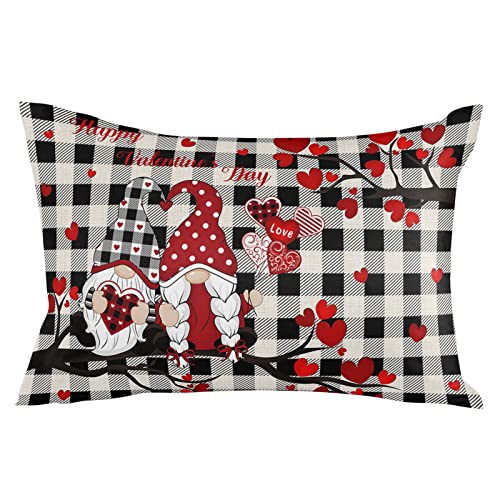 LEOSUCRE Pack of 2 Waterproof Decorative Pillow Covers, Valentines Day Plaid Throw Pillow Covers Rectangle Pillowcases Cushion Covers for Couch Patio Garden 20x12 Inch Love Gnome Tree Black and White