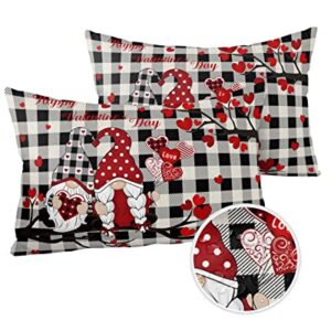 LEOSUCRE Pack of 2 Waterproof Decorative Pillow Covers, Valentines Day Plaid Throw Pillow Covers Rectangle Pillowcases Cushion Covers for Couch Patio Garden 20x12 Inch Love Gnome Tree Black and White