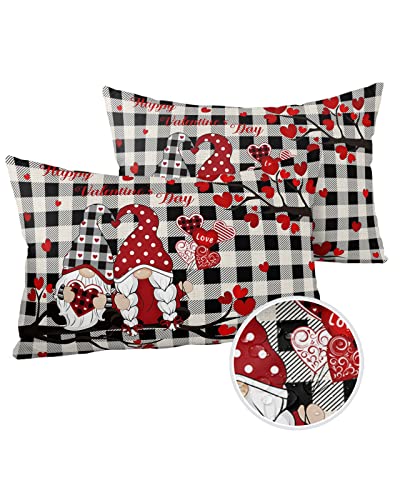 LEOSUCRE Pack of 2 Waterproof Decorative Pillow Covers, Valentines Day Plaid Throw Pillow Covers Rectangle Pillowcases Cushion Covers for Couch Patio Garden 20x12 Inch Love Gnome Tree Black and White