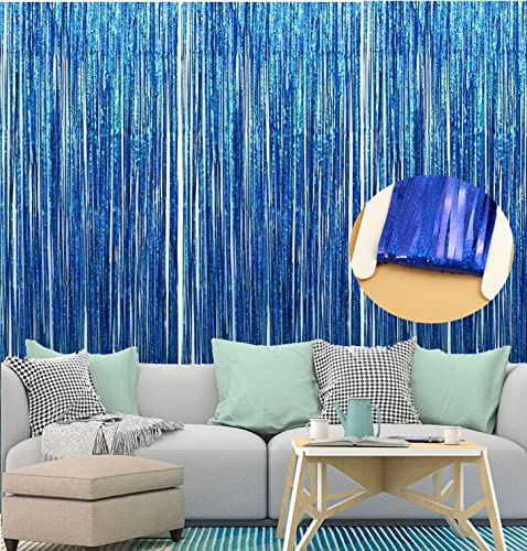 Foil Fringe Backdrop, 3 Pack 3.3 ft x 8.2 ft Photo Booth Backdrop Curtain for Parties - Tinsel Curtain Fringe Backdrop Party Decorations for Birthday, Wedding or Bachelorette Party (Laser Blue)