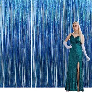 Foil Fringe Backdrop, 3 Pack 3.3 ft x 8.2 ft Photo Booth Backdrop Curtain for Parties - Tinsel Curtain Fringe Backdrop Party Decorations for Birthday, Wedding or Bachelorette Party (Laser Blue)