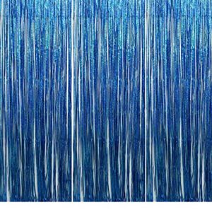 Foil Fringe Backdrop, 3 Pack 3.3 ft x 8.2 ft Photo Booth Backdrop Curtain for Parties - Tinsel Curtain Fringe Backdrop Party Decorations for Birthday, Wedding or Bachelorette Party (Laser Blue)