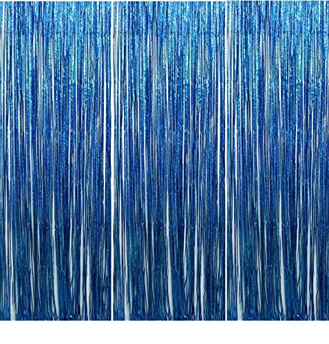 Foil Fringe Backdrop, 3 Pack 3.3 ft x 8.2 ft Photo Booth Backdrop Curtain for Parties - Tinsel Curtain Fringe Backdrop Party Decorations for Birthday, Wedding or Bachelorette Party (Laser Blue)