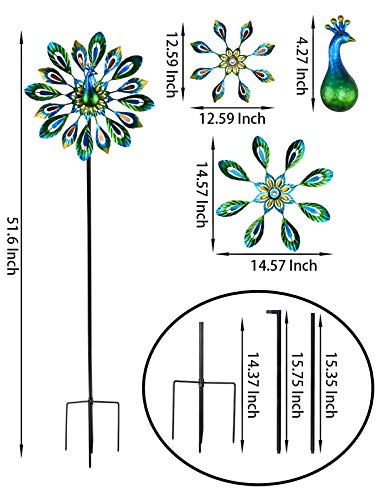 MUMTOP Wind Spinner 51 Inch Peacock Wind Spinner Outdoor Metal with Double Wind Sculpture for Patio, Lawn & Garden Decor