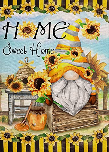 Furiaz Home Sweet Home Gnome Sunflower Spring Summer Small Decorative Garden Flag, Bee Honey Yard Home Outside Black Yellow Stripe Decoration, Fall Farmhouse Outdoor Decor Double Sided 12x18