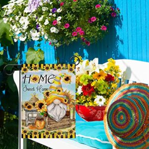 Furiaz Home Sweet Home Gnome Sunflower Spring Summer Small Decorative Garden Flag, Bee Honey Yard Home Outside Black Yellow Stripe Decoration, Fall Farmhouse Outdoor Decor Double Sided 12x18