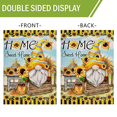 Furiaz Home Sweet Home Gnome Sunflower Spring Summer Small Decorative Garden Flag, Bee Honey Yard Home Outside Black Yellow Stripe Decoration, Fall Farmhouse Outdoor Decor Double Sided 12x18