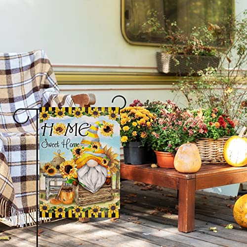 Furiaz Home Sweet Home Gnome Sunflower Spring Summer Small Decorative Garden Flag, Bee Honey Yard Home Outside Black Yellow Stripe Decoration, Fall Farmhouse Outdoor Decor Double Sided 12x18