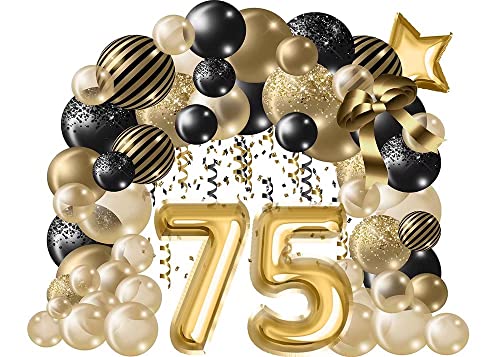 7x5ft Birthday Party Decoration Black Gold Balloon Poster for Anniversary Photo Booth Backdrop Background Banner 75th Birthday Party Supplies W-7066