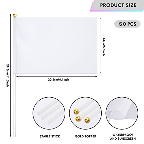 50 Pcs White Small Mini Flags Bulk Sublimation Blank Flags Solid Plain White Flag Hand Held DIY Miniature Flags on Stick for Garden Car Parades Grand Opening Birthday Wedding Party Events Celebration