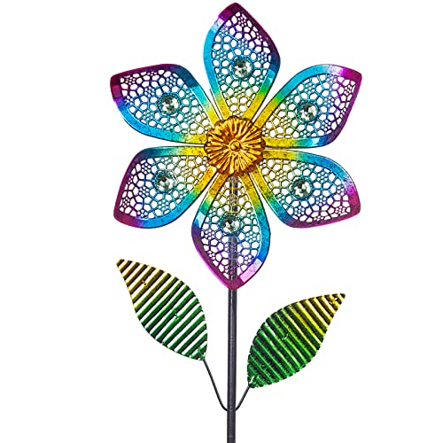 Venniy Wind Spinner with Metal Stake, Outdoor Garden Pinwheels Spinners Hollow-Out Flower Shape Design for Yard Lawn Patio Decor