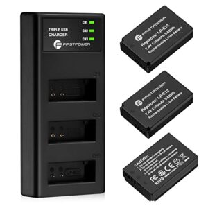 firstpower lp-e12 battery 3-pack and triple slot charger for canon eos m50, m50 mark ii, m, m2, m10, m100, m200, rebel sl1, powershot sx70 hs digital cameras