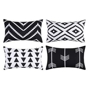 Adabana Set of 4 Outdoor Waterproof Boho Throw Pillow Covers 12x20 Inches,Black and White Geometric Lumbar Pillow Coves Decorative Cushion Cases Outdoor Throw Pillows for Patio Furniture Garden