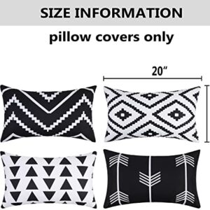 Adabana Set of 4 Outdoor Waterproof Boho Throw Pillow Covers 12x20 Inches,Black and White Geometric Lumbar Pillow Coves Decorative Cushion Cases Outdoor Throw Pillows for Patio Furniture Garden