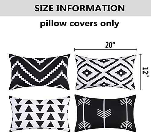 Adabana Set of 4 Outdoor Waterproof Boho Throw Pillow Covers 12x20 Inches,Black and White Geometric Lumbar Pillow Coves Decorative Cushion Cases Outdoor Throw Pillows for Patio Furniture Garden