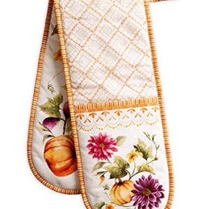 Maison d' Hermine Double Oven Gloves 7"x35", 100% Cotton Heat Resistant Oven Mitt Cooking Gloves with Loop, Handling Hot Pan, Pumpkin Garden - Cloudy Cream-Thanksgiving/Christmas